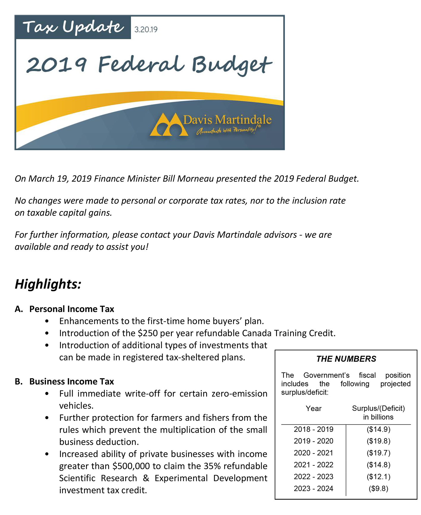 2019 Federal Budget Highlights - Davis Martindale