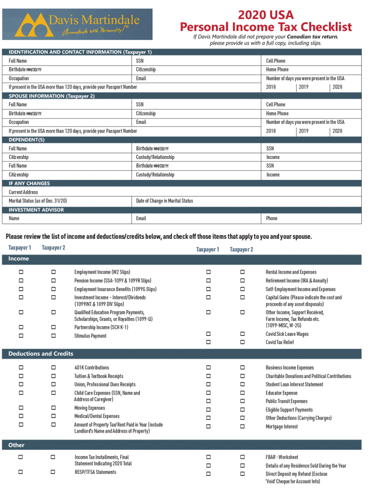2020 USA Personal Income Tax Checklist - Davis Martindale