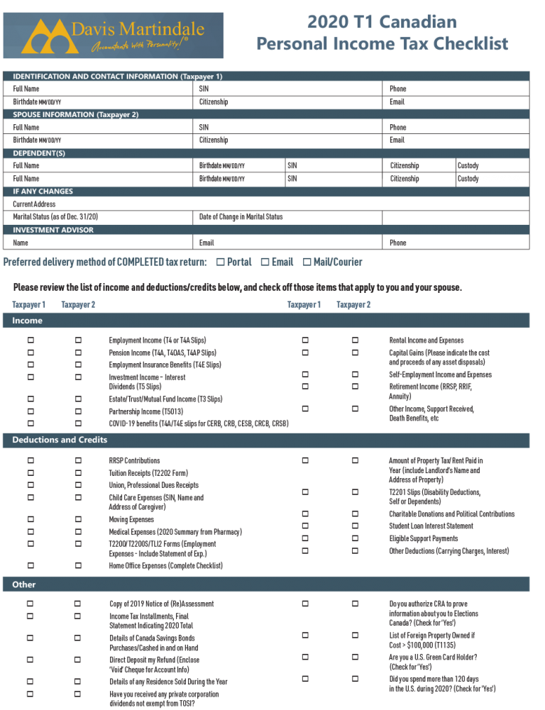 2020 Canadian Personal Income Tax Checklist - Davis Martindale