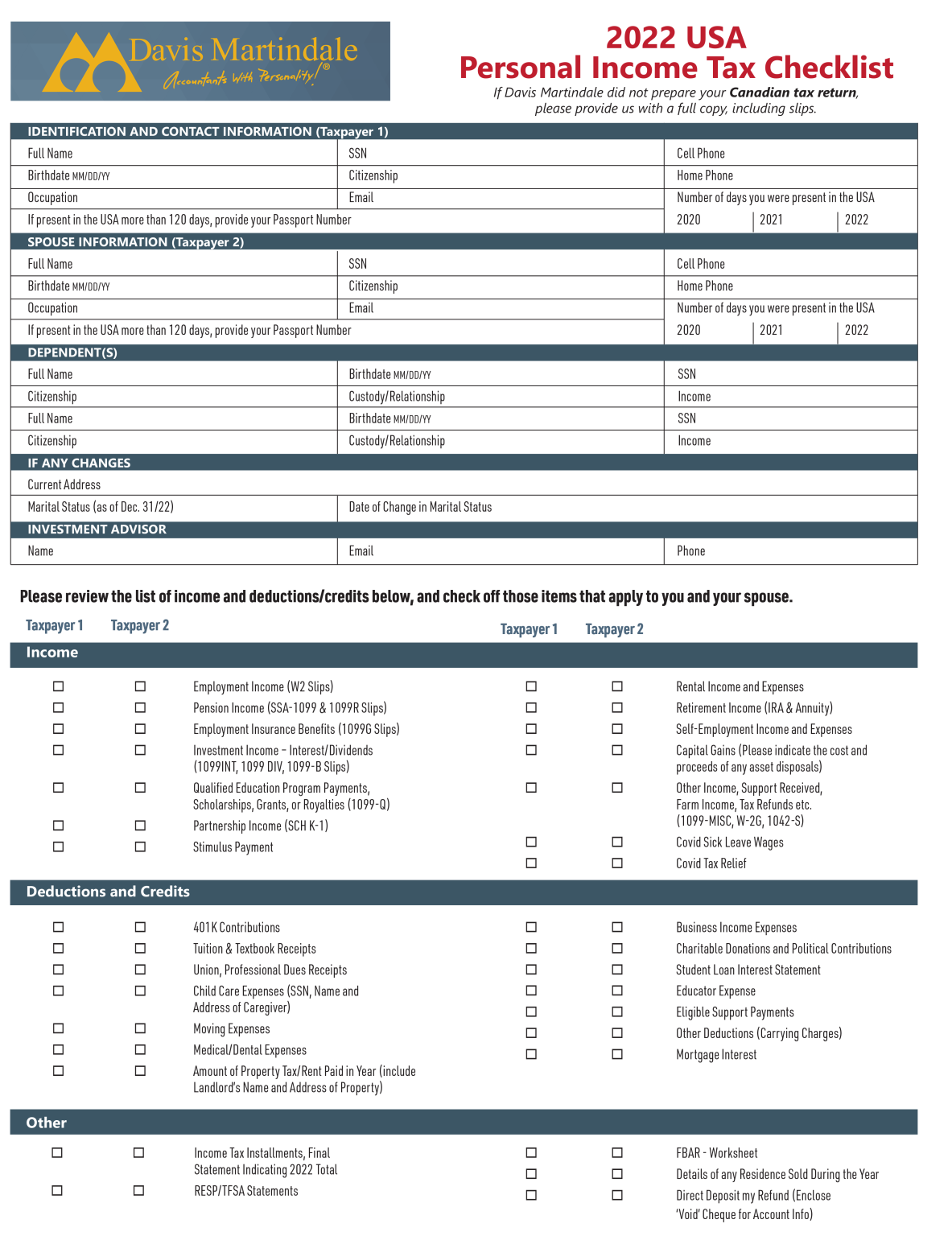 2022 USA Personal Income Tax Checklist - Davis Martindale