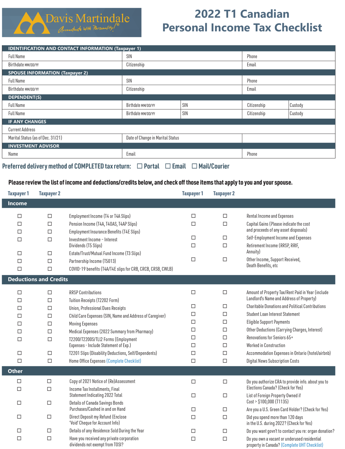 2022 Canadian Personal Income Tax Checklist - Davis Martindale
