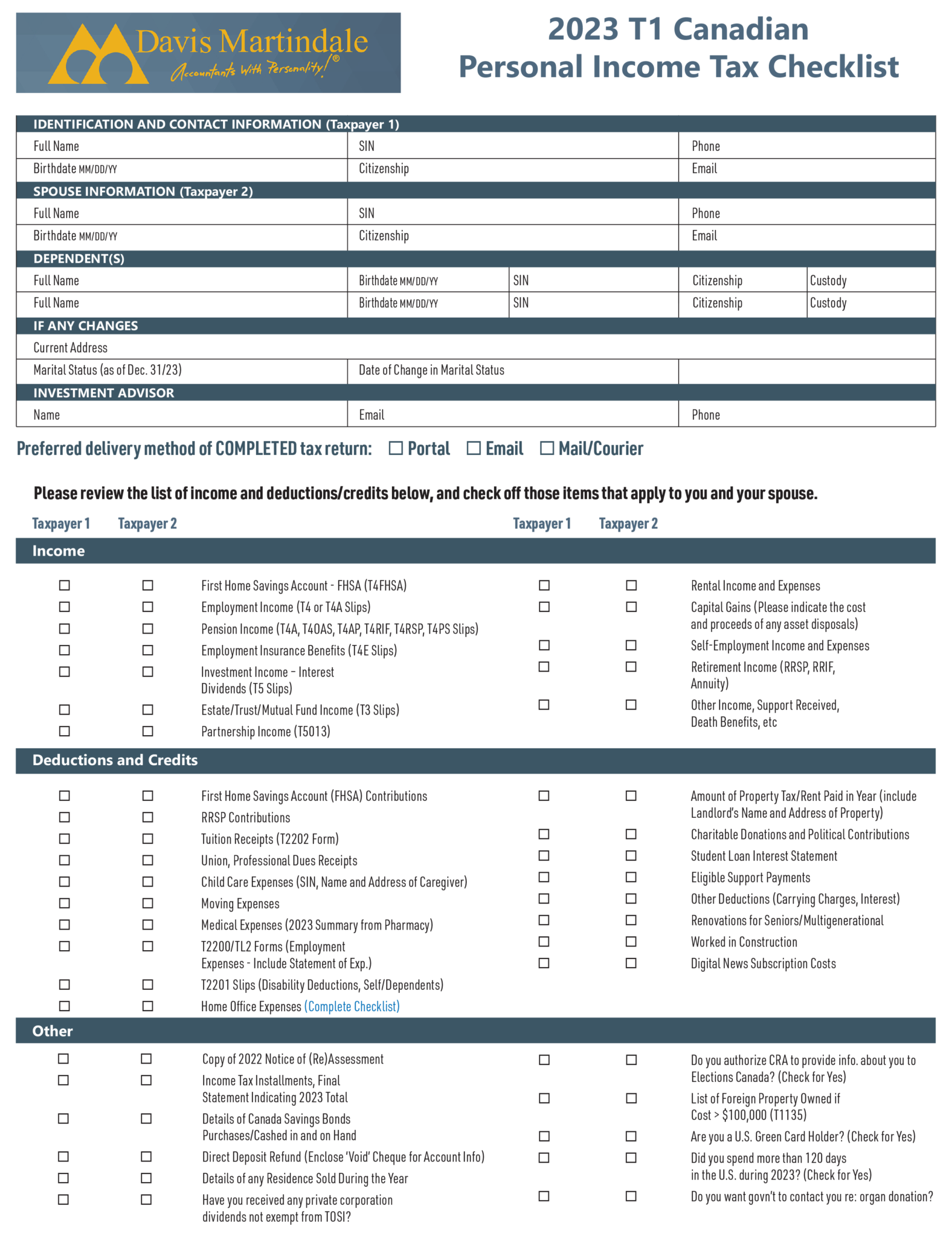 2023 Canadian Personal Income Tax Checklist Davis Martindale