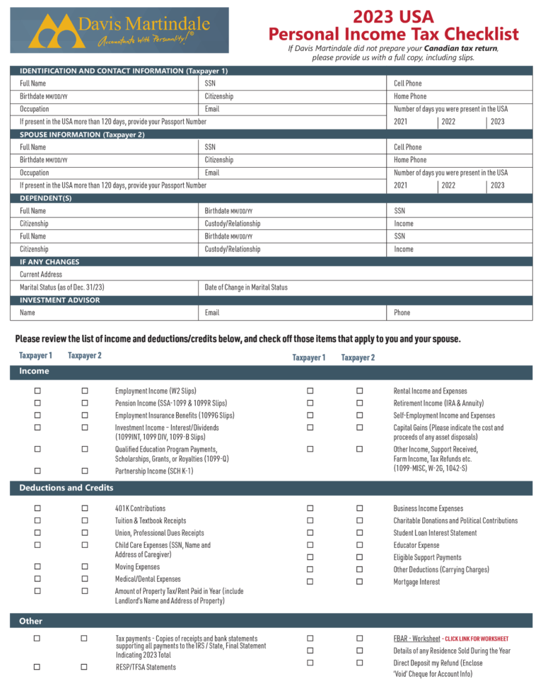 2023 USA Personal Income Tax Checklist - Davis Martindale