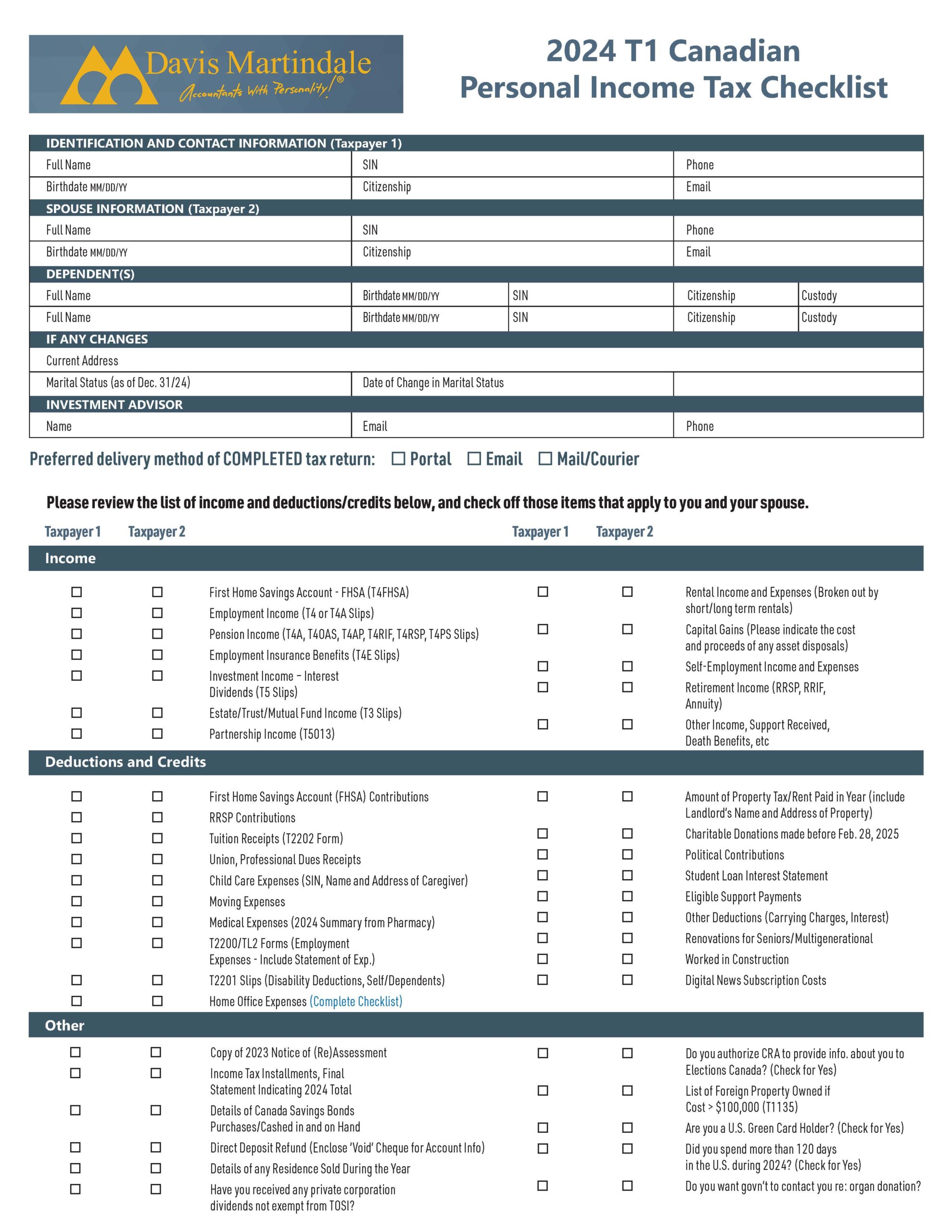 2024 Canadian Personal Income Tax Checklist
