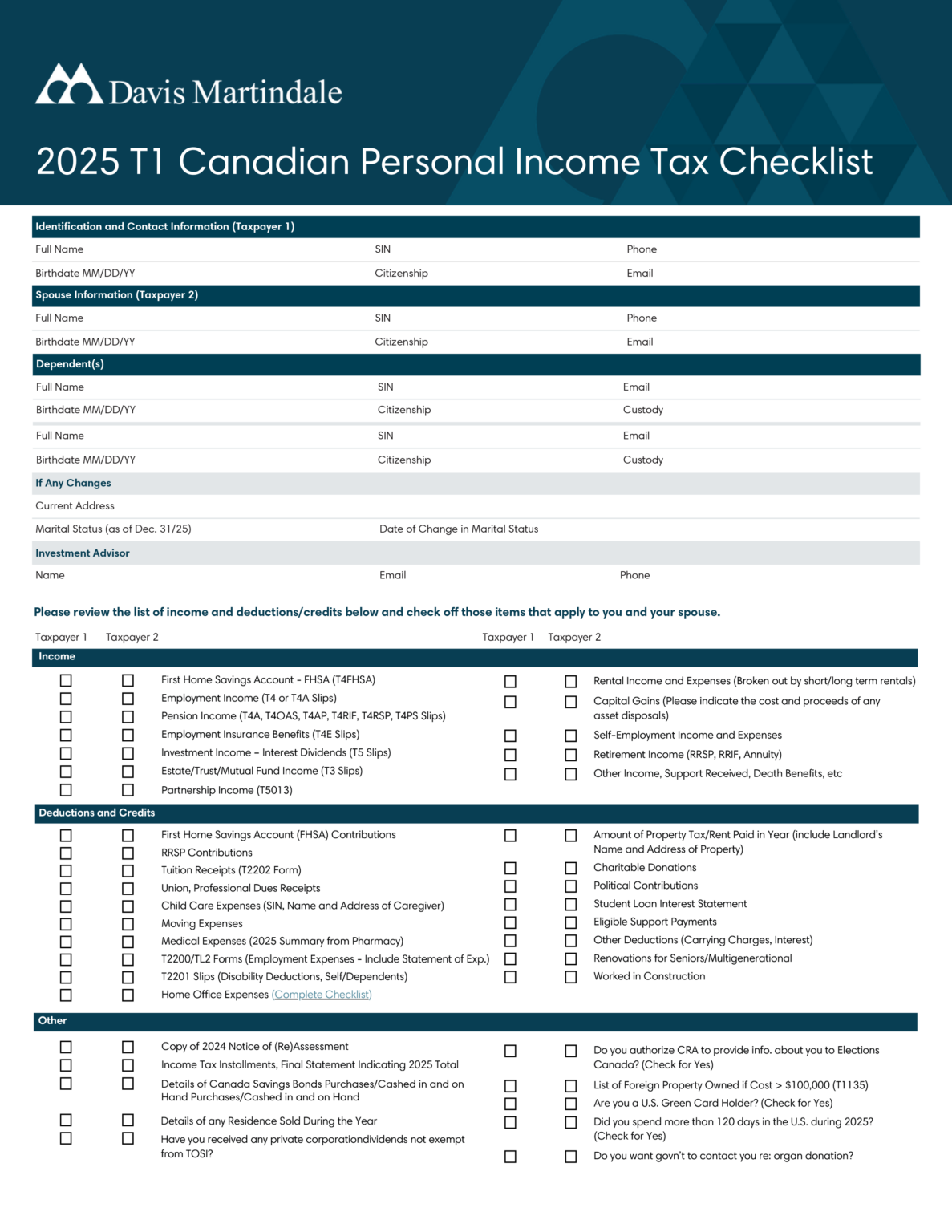 2025 Canadian Personal Income Tax Checklist